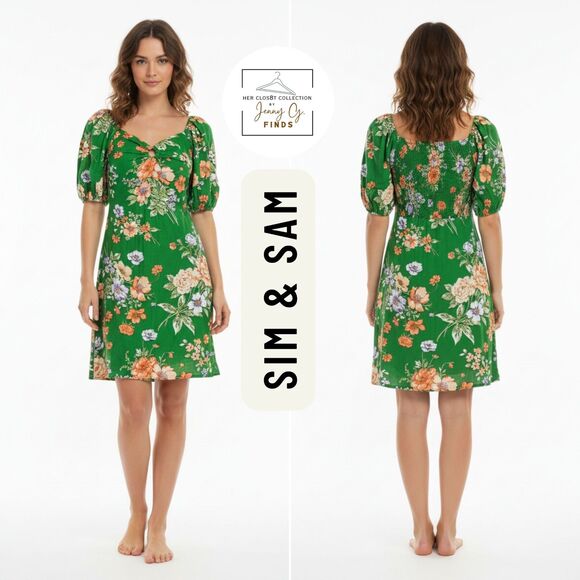 Sim & Sam | Dresses | Sim Sam Linen Blend Floral Green Dress Nwt Sz Med ...